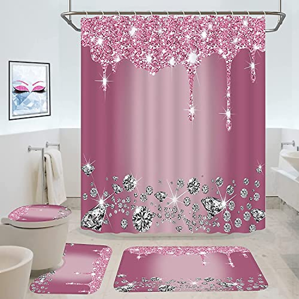 Glitter Diamond Shower Curtain for Bathroom Set Decor with Non-Slip Rugs Bath U-Shaped Mat Toilet Lid Cover Pink Bathroom Curtains Shower Set with 12 Hooks, Glitter Siamond Bathroom Set
