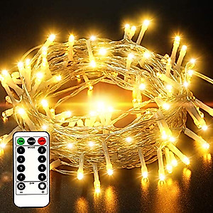 [IP65 Waterproof] Outdoor String Lights Battery Operated, 33FT 100 LED Christmas Fairy Lights with Remote Control, Timer Program, 8 Lighting Modes for Xmas Halloween Wedding Garden Patio - Warm White