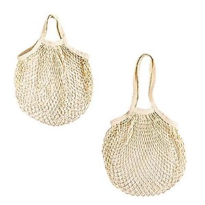 Yiplus Cotton Mesh Produce Bag, 2 Pack Reusable Ecology Washable Organic Shopping Grocery Farmer Market Bags String Net Tote for Vegetables and Fruit with Long/Short Handle (Beige)