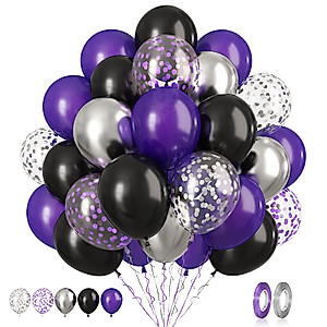 Purple Black Balloons Set, 60 PCS Black Purple Silver Birthday Balloons, Metallic Silver Purple Confetti Balloons Black and Purple Latex Balloons for Birthday Wedding Graduations Party Decorations
