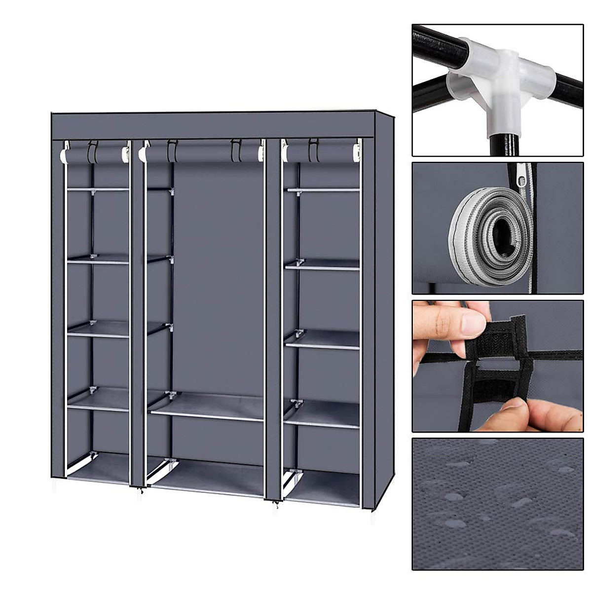59" SP512 Portable Closet Organizer Non-Woven Fabric Clothes Wardrobe Closet Shelves,Quick and Easy to Assemble (Grey)