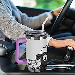 LLUTSNTH 40 Oz Vacuum Tumbler with Violet Handle Leakproof Insulated Tumbler Cartoon Black White Sheep Stainless Steel Travel Mug with Lid And Straw Coffee Cup Cute Water Bottles Cup Holder Friendly