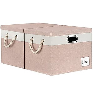 RVSNQ Extra Large Storage Bins with Lids, 16"x12"x12" Foldable Fabric Storage Boxes with Lids, Storage Basket with Cotton Rope Handle and Label, Storage Boxes for Organizing Office, Shelf, Home (2-Pack, Beige&White)