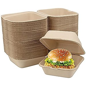 MOUYAT 100 Pack 6x6 Inch Clamshell Take out Food Containers, Single Compartment To Go Hamburger Box with Hinged Lid, Take Home containers for Kitchens, Parties, Restaurants, Food Trucks, Brown