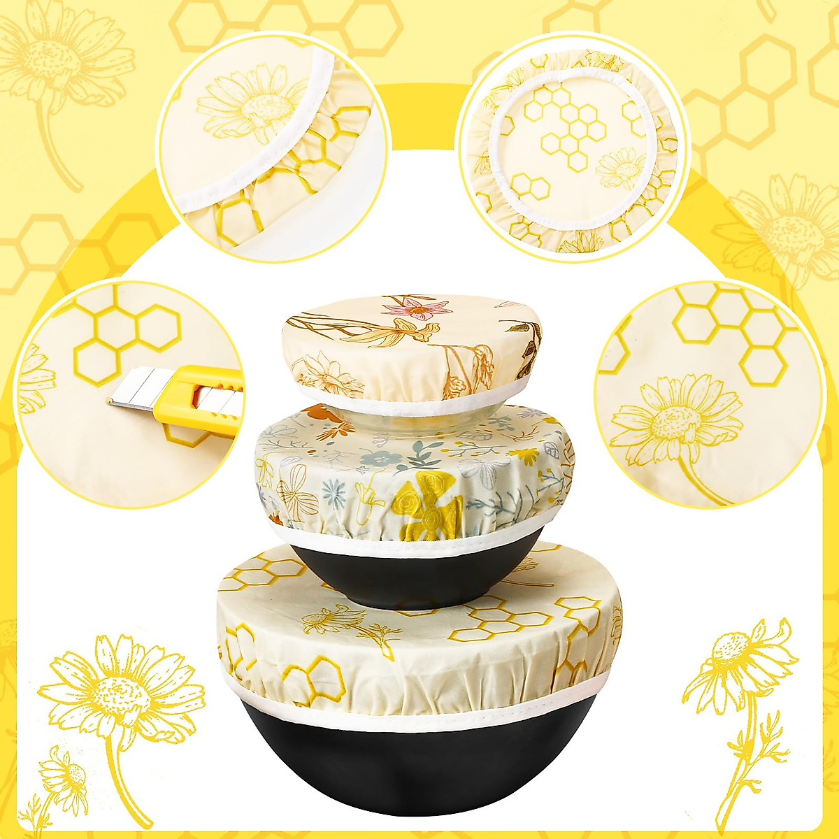 Yiyiring 6 Pcs Beeswax Bowl Covers Reusable Cloth Bowl Covers Elastic Fabric Dish Cover Beeswax Food Wraps Cotton Kitchen Storage Containers Lids Kitchen Gifts for Bread Leftover Food Fruits Salad