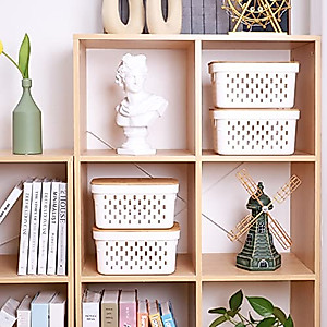 Citylife 4 PCS Storage Baskets with Bamboo Lids Plastic Baskets for Organizing Stackable Storage Bins with Handle for Shelves, 10.16 x 6.81 x 5.31 inch