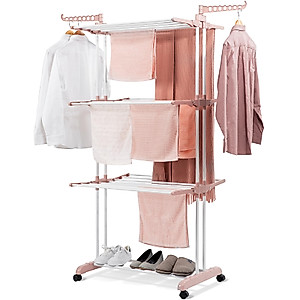 TOOLF Foldable Clothes Drying Rack, 4-Tier Drying Rack Clothing, Laundry Drying Rack with Foldable Wings, Space Saving Laundry Rack, Pink
