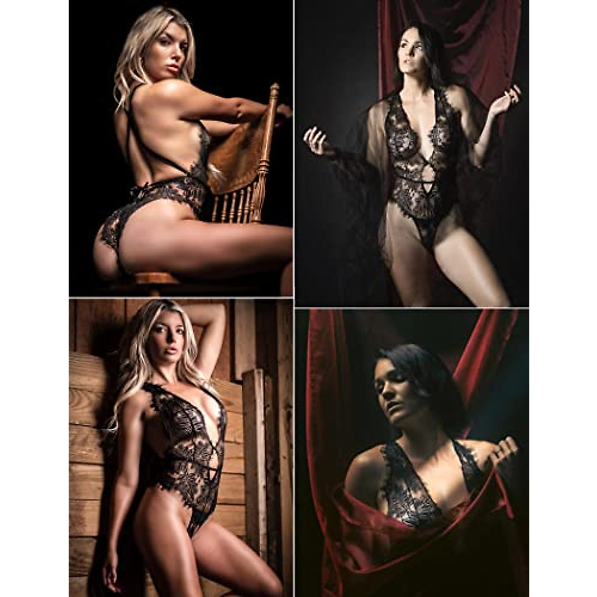 Avidlove Women One Piece Lingerie Lace Bodysuit Deep V Teddy Mini Babydoll (Small, 1-Black)