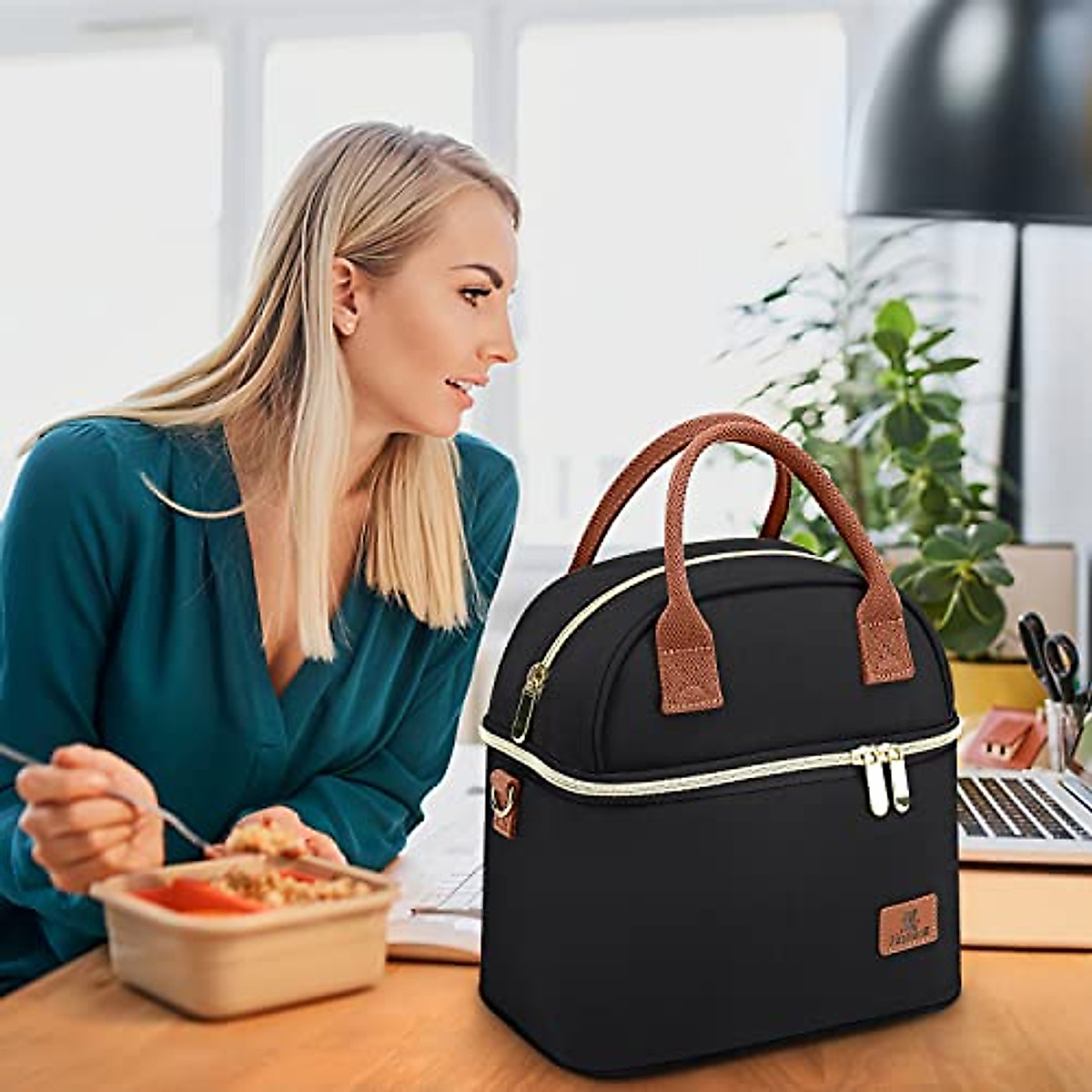 Hafmall Insulated Lunch Bag for Women/Men, Dual Compartment Adult Lunch Box for Work, Reusable Lunch Tote Bag with Shoulder Strap, Black