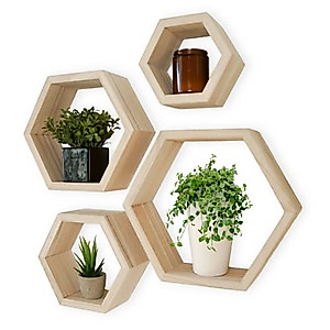 Hexagon Shelves Natural Wood Floating Shelves Set of 4 Wall Shelf for Bedroom, Office, Living Room & Bathroom – Farmhouse Wall Décor - Decorative Wooden Honeycomb Shelves with Alignment Tool