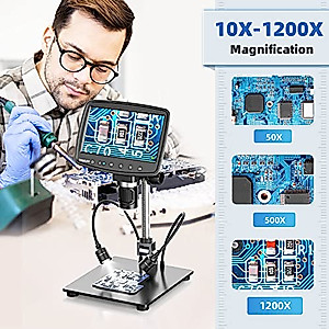 TOMLOV DM03 7" HDMI LCD Digital Microscope 1200X [Larger View & Larger Workspace] 1080P HD Screen Coin Microscope for Adult/Kids USB Soldering Microscope with Light Compatible with TV/Windows/MacOS