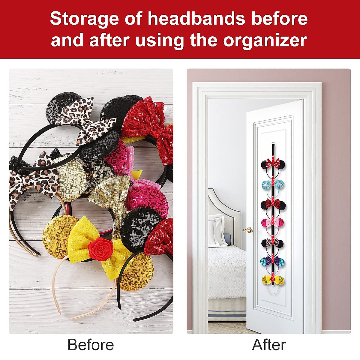 Nuolich 4Pcs Mouse Ears Headband Holder Polka Dot Vertical Organizer Hanging Wall Display Decor Hair Accessories Holder