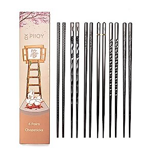 DXPIIOY Japanese Chopstick,Dishwasher Safe,6 Pairs Reusable Black Fancy Fiberglass Chopsticks With Gift Case,lightweight Non-Slip Chop Sticks Set,For Eating Salmon Sushi Noodles ,9.6 Inch - Black