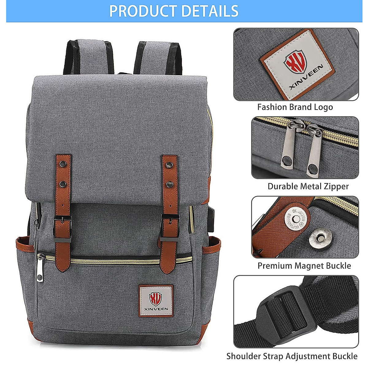 Xinveen Vintage Laptop Backpack Travelling Backpack Casual Daypacks School Shoulder Bag for Men Women Light Grey