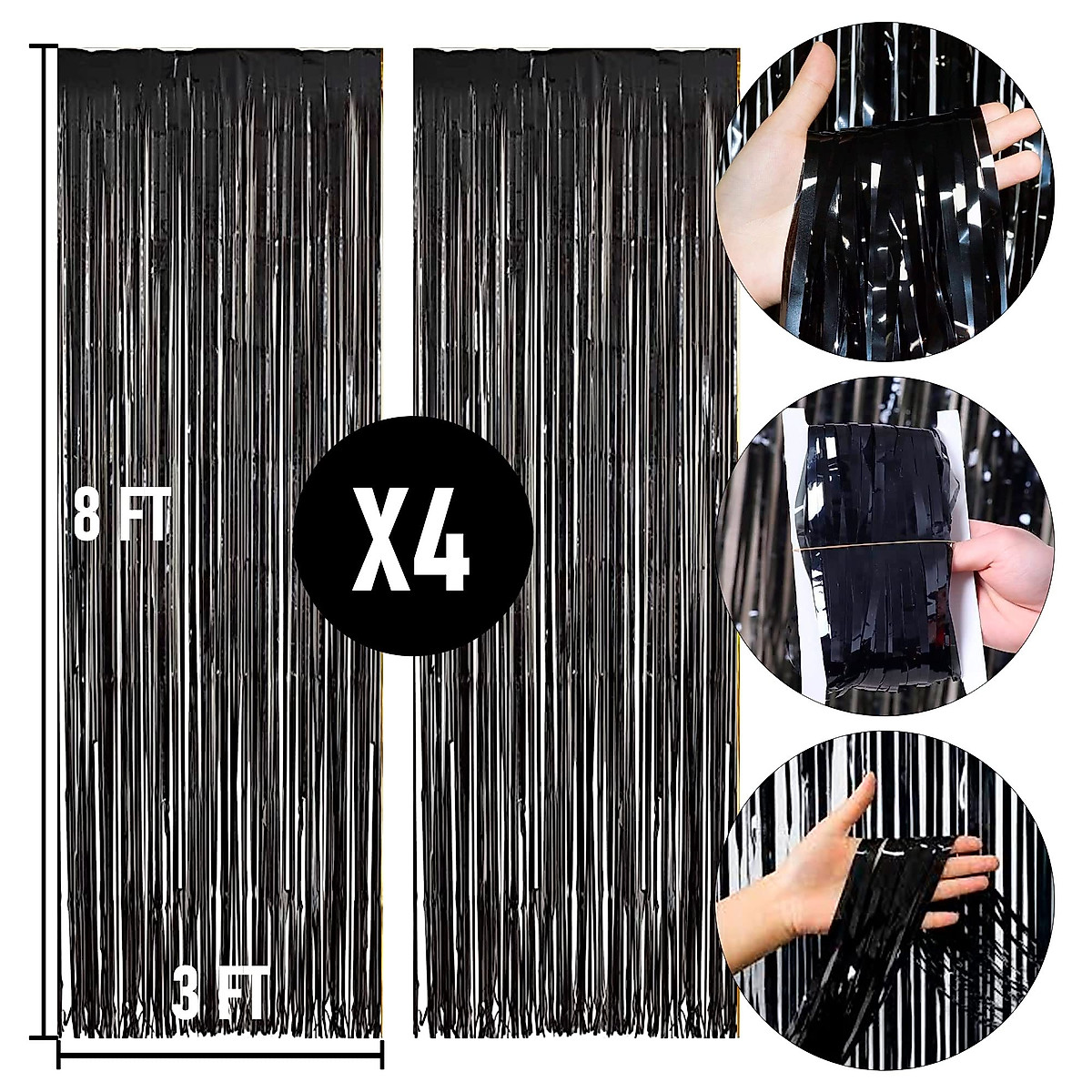 Dazzle Bright Backdrop Curtain, 3FT x 8FT Metallic Tinsel Foil Fringe Curtains Photo Booth Background for Baby Shower Party Birthday Wedding Engagement Bridal Shower (4, Black)