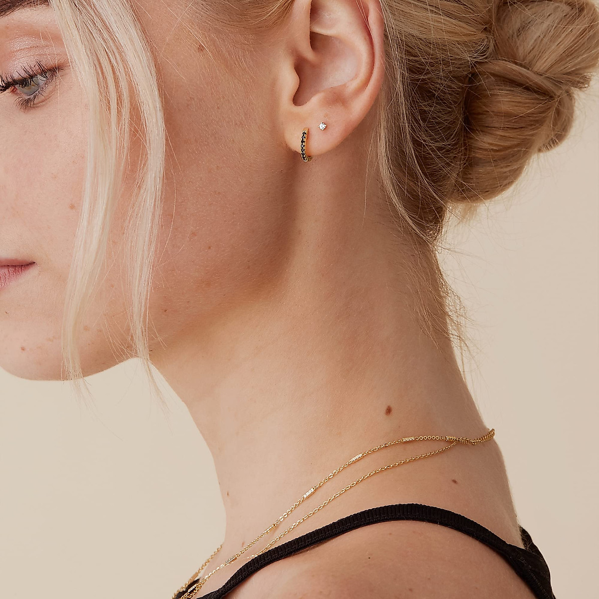 PAVOI 14K Gold Plated Sterling Silver Post Huggies | Cubic Zirconia Huggie Earrings for Women | Black Stones, Yellow Gold