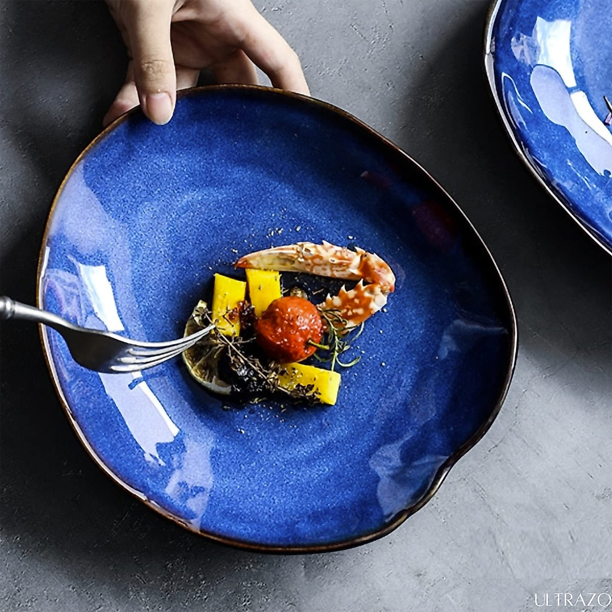 Anvirtue Cat-eye blue ceramic tableware Ocean Waves Deep Blue Plates Glaze Salad Bowl Main Dish Kitchen Supplies (M)