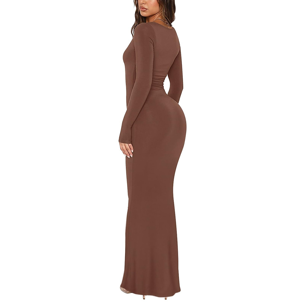 REORIA Women's Sexy Soft Lounge Ribbed Long Dress Fall Elegant Formal Wedding Guest Long Sleeve Deep V Neck Bodycon Maxi Dresses Coffee X-Large