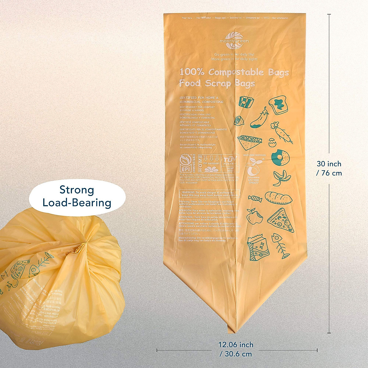 Moonygreen Compostable Trash Bags 13 Gallon, Tall Kitchen Heavey Duty Food Waste Bags, Extra Thick, Certified US BPI ASTM D6400, 49.2 Liter, 50 Count