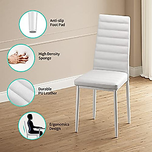 Gizoon 5 Piece Glass Dining Table Set, Kitchen Table and Chairs for 4, PU Leather Modern Dining Room Sets for Home, Kitchen, Dining Room (White)