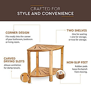 Bamboo Corner Shower Bench - Shower Stool, Shaving Stool with Non-Slip Feet - Wood 2-Tier Seat with Storage Shelf - Bathroom, Living Room, Bedroom, Garden Etc. Seat or Organizer
