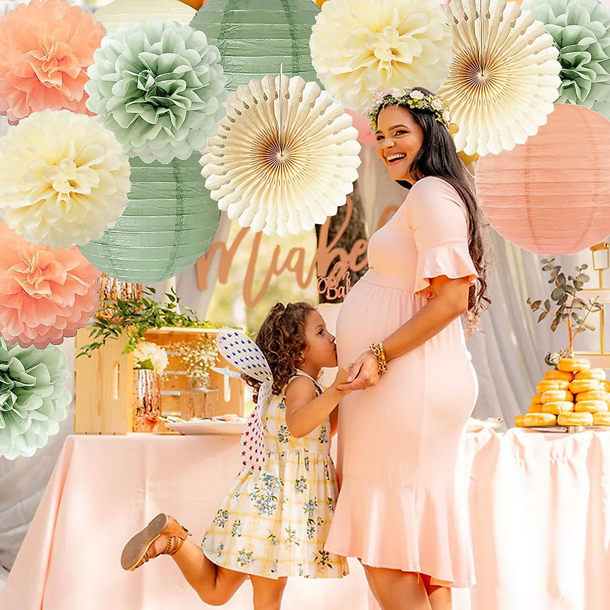 Sage Green Party Decorations Sage Cream Peach Tissue Paper Pom Poms Paper Lanterns Paper Fans for Neutral Birthday Baby Shower Bridal Shower Wedding Engagement Party Decoration