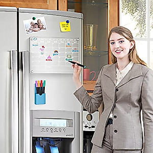 Acrylic Magnetic Dry Erase Calendar Board for Fridge,16"x12" Clear Monthly Calendar Planner Board for Refrigerator, Reusable Portable Calendar Whiteboard Memo Planning Boards