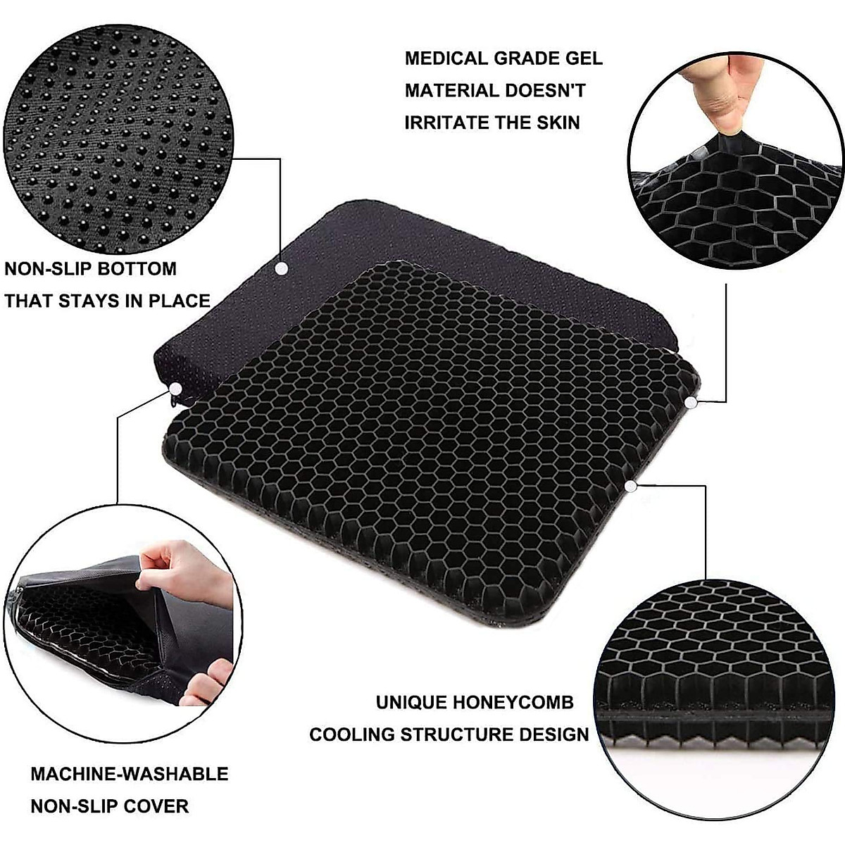 2021The Newest Gel Seat Cushion,with Non-Slip Cover,Help in Relieving Back Pain & Sciatica Pain,Seat Cushion for The Car,Office,Wheelchair&Chair (Black)