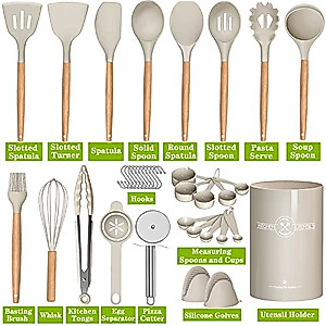 Umite Chef 36pcs Silicone Kitchen Cooking Utensils with Holder, Heat Resistant Cooking Utensils Sets Wooden Handle, Khaki Nonstick Kitchen Gadgets Tools Include Spatula Spoons Turner Pizza Cutter