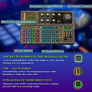 Sound Mixer Board, LED Light Voice Changer Sound Card with Multiple Sound Effects - Live Sound Card