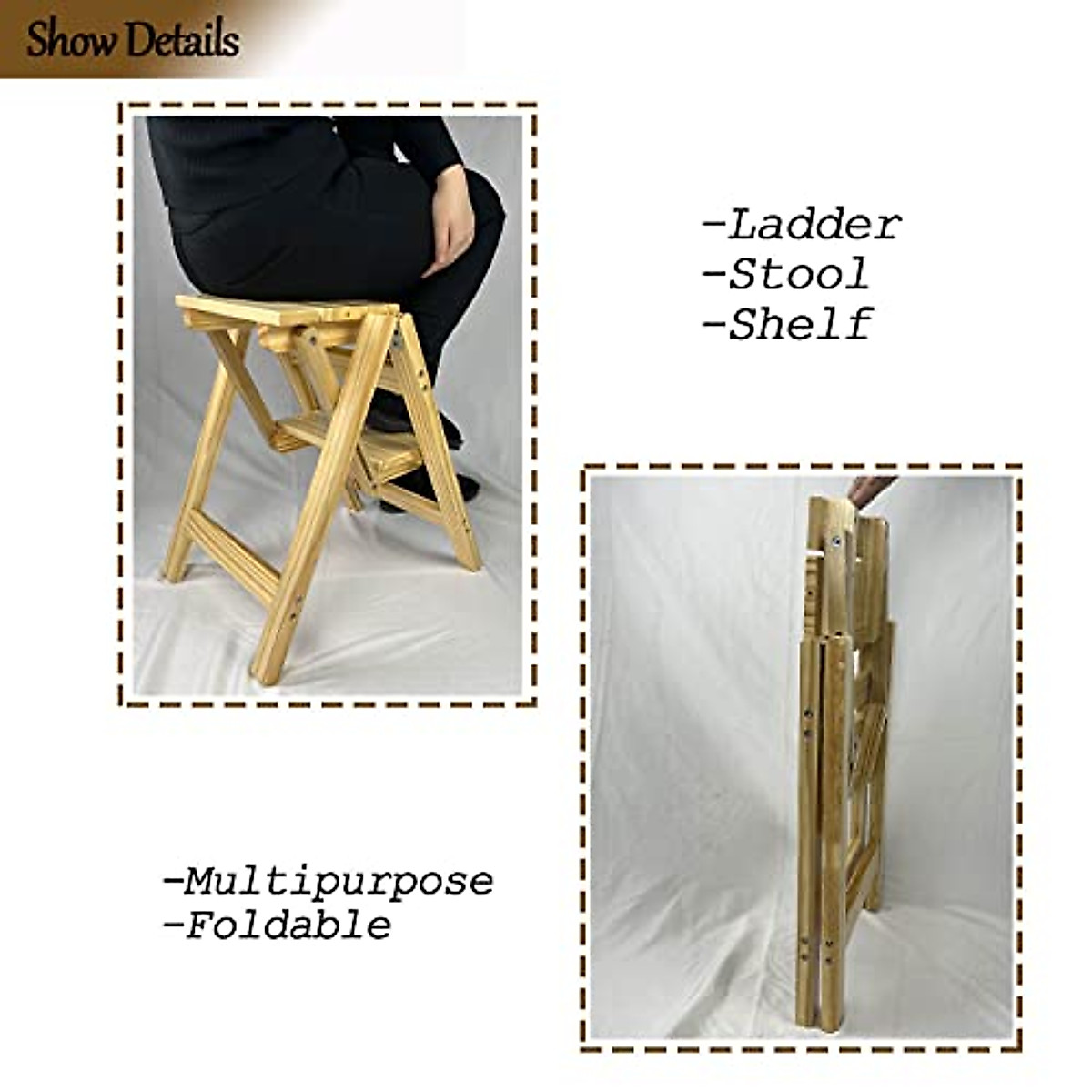 LUCEAE Step Stool,Wooden Folding2Steps Wide Tread Step Stool,Portable Stepladder/Step Chair,Non-Slip and Lightweight,Multifunctionalhome,Office