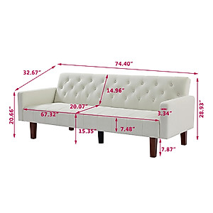 Linen Sofa Bed Sleeper Couch 74.4 Inch Convertible Loveseat Size for Small Space 3 Seater Chesterfield Button Tufted for Office Apartment Dorm Living Room Beige
