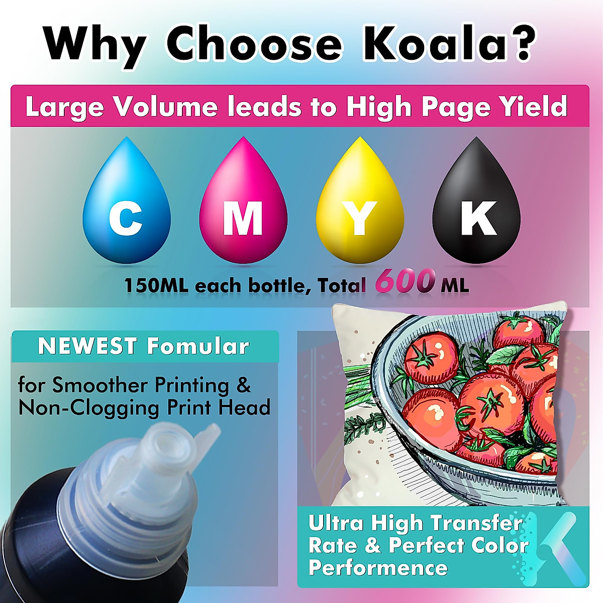 Koala Premium Sublimation Ink for ET Series Inkjet Printers ET-2400 ET-2800 ET-2803 ET-2850 ET-2720 ET-2760 ET-4800 ET-3760 ET-7720 ET-15000 /Upgrade Version/Auto-Fill