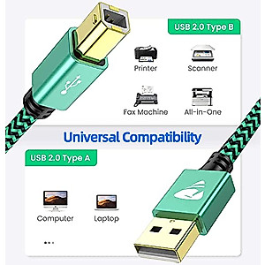 USB Printer Cable USB A to B Cable, 16 FT USB 2.0 B Cable Nylon Braided High-Speed Printer Cord Compatible with Hp, Canon, Brother, Samsung, Dell, Epson, Lexmark, Xerox