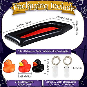 Leyndo 28 Pcs Halloween Inflatable Cooler Set, 52 Inch Coffin Buffet Coolers, Ice Serving Bar Halloween Rubber Ducks with LED Light Strings for Beach Pool Party Barbecue Picnic Halloween Decor Favors