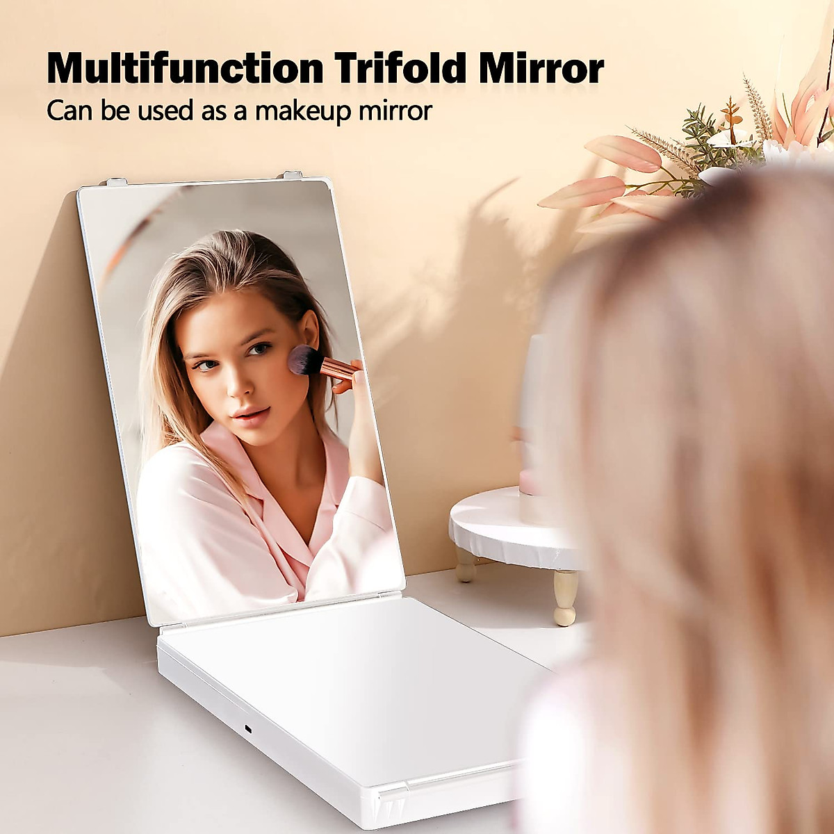 JANMPASK LED 3 Way Mirror for Self Hair Cutting Mirror Vanity Mirror Barber Supplies Accessories 360 Makeup Mirror with Light Trifold Mirror to See Back of Head (White with Light)