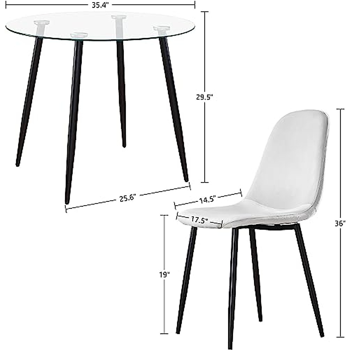 STYLIFING Dining Table Set for 4 Modern 5 Pieces Dining Room Set Mid Century Round Tempered Glass Kitchen Table and 4 Light Grey Modern Velvet Fabric Upholstered Kitchen Chair with Metal Legs