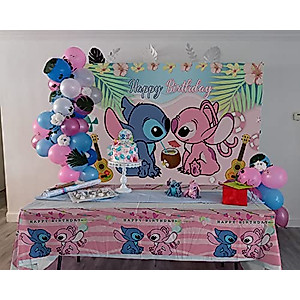 Pink Cartoon Themed Backdrop with Tablecloth 70x42in for Girls Family Birthday Party Decorations Supplies 7x5ft, One Size