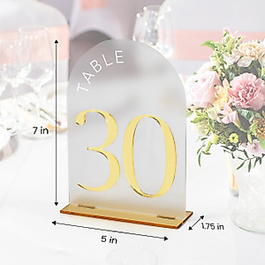 FIQSTER Frosted Arch Gold Table Numbers for Wedding Reception - Table numbers 1-30 - 5x7" Frosted Arch Acrylic Table Signs with Gold Mirror Numbers for Banquet, Party, Event, Anniversary (Table Numbers 1-30)