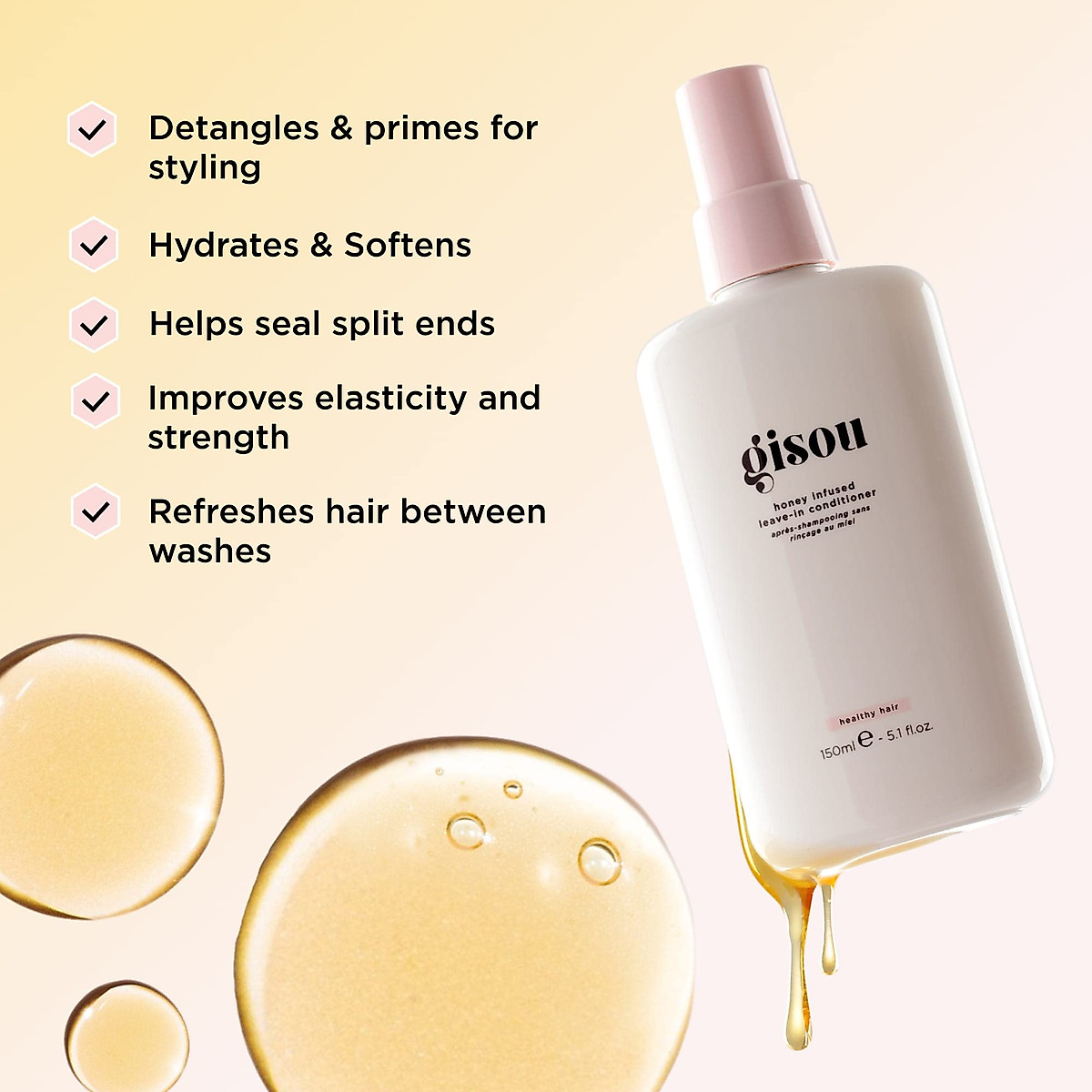 Gisou Honey Infused Leave-In Conditioner, a Lightweight Conditioning Hair Spray, Hair Moisturizer and Hair Detangler, Frizz Control, Softens and Protects Against UV Damage (5.1 fl oz)