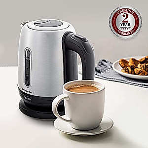 Ovente Electric Tea Kettle Stainless Steel 1.2 Liter Portable Instant Hot Water Boiler Heater 1100W Power Fast Boiling with Cordless Body and Automatic Shut Off for Coffee Milk Chocolate Silver KS22S