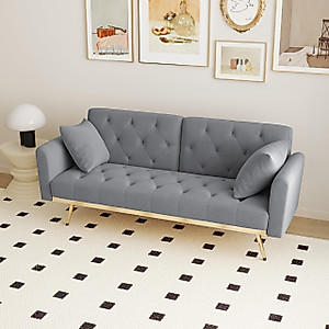 68.3" Grey Velvet Couch, Tufted Loveseat Sofa, Convertible Futon Sofa Bed, Accent Sofa Recliner, Golden Metal Legs, 2 Couch Pillows, Mid Century Modern Sofas for Home Living Room Bedroom