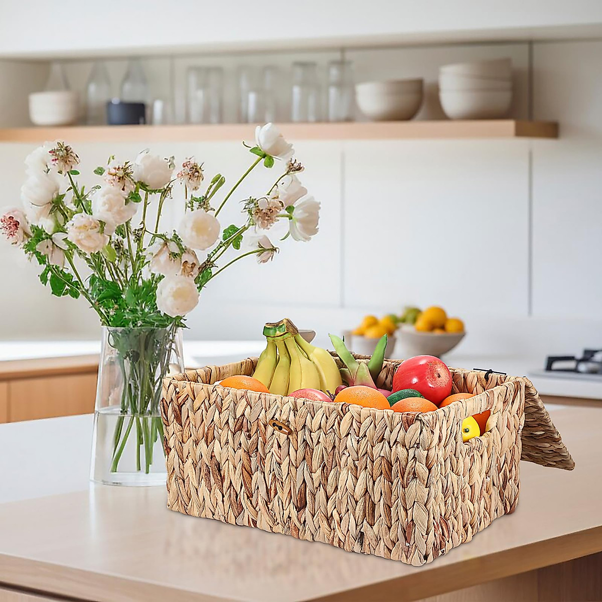 Hipiwe Wicker Storage Bins with Lid, X-Large Handwoven Water Hyacinth Wicker Baskets Rectangular Decorative Shelf Baskets Bin Built-in Handles Household Basket Boxes for Shelf Home Organizing