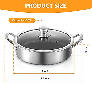 Toutrop Stainless Steel Saute Pan 12 inch Deep Frying Pan,6 Quarts Nonstick Skillet Large Sauté Pan with Lid,PFOA Free Cookware,Induction Compatible Chef Cooking Pan,Dishwasher & Oven Safe