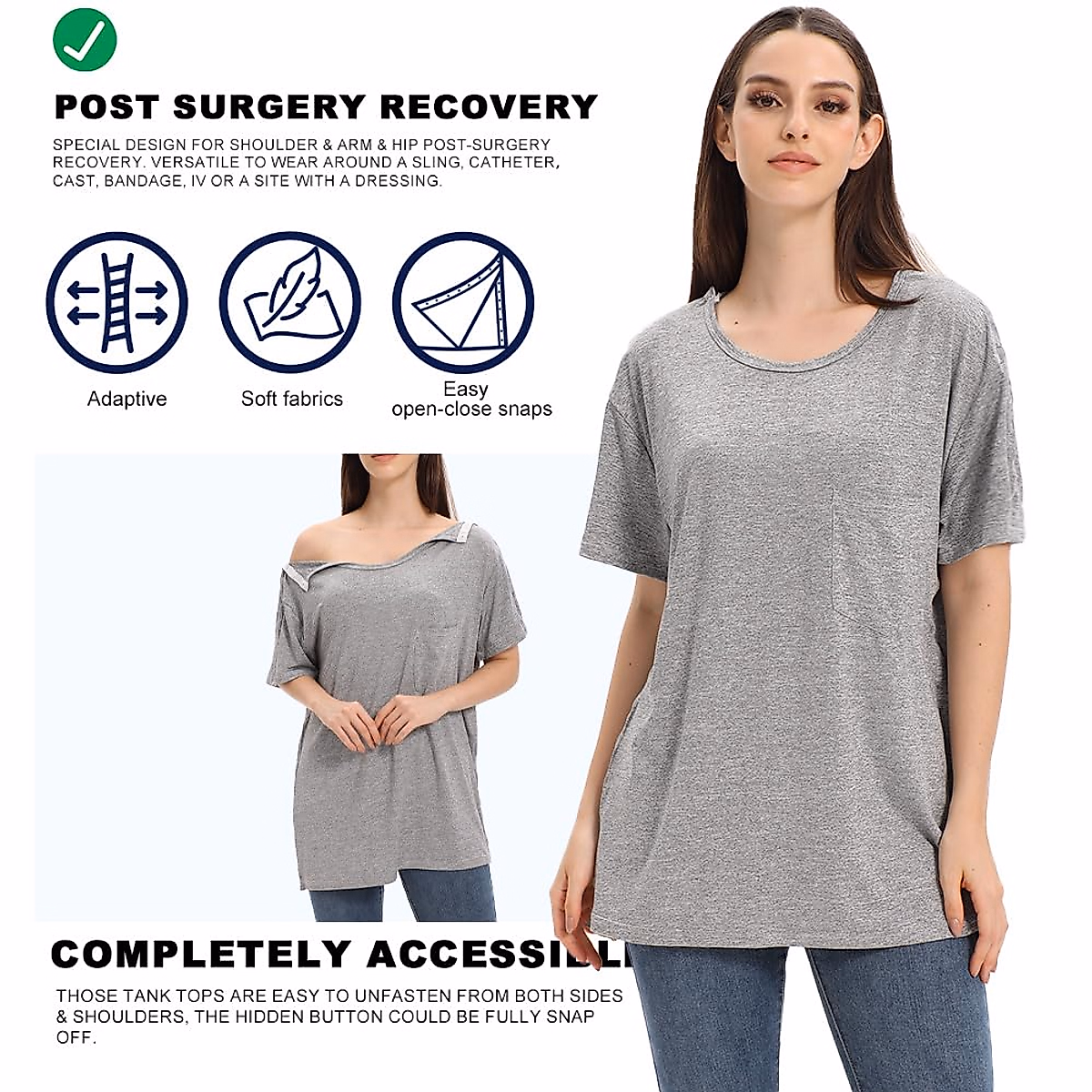 Unisex Post Shoulder Surgery Shirts for Men Rotator Cuff Chest Recovery Shirt Women Full Snap Access Dialysis Chemo Clothing X-Large Grey