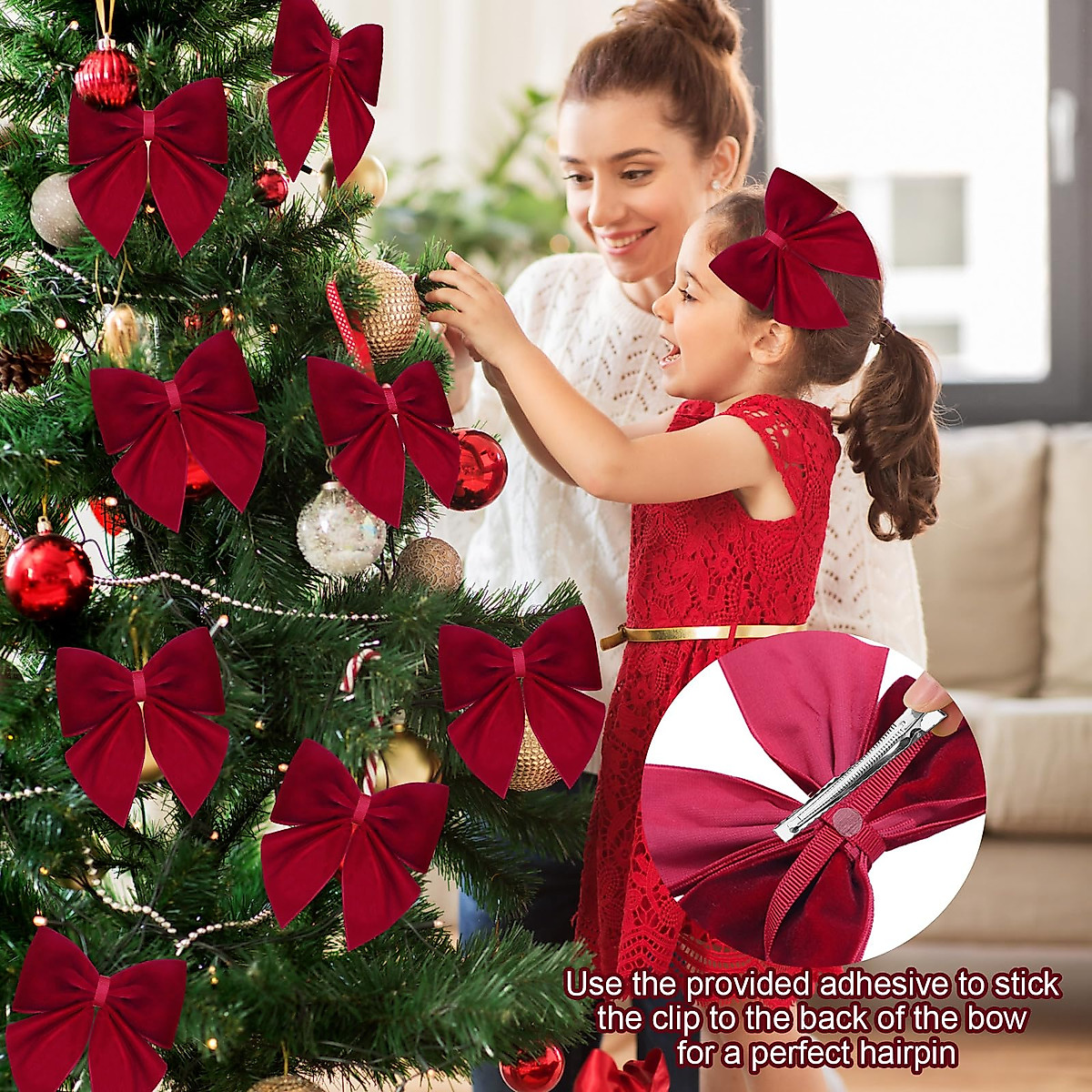 Cinnvoice 48 Pcs Mini Velvet Christmas Bow with Clips for Christmas Tree Gift Wrapping 4 inch Vintage Velvet Ribbon Bows Christmas Napkin Rings Hair Bows for Wreath DIY Crafts Supplies(Red Wine)