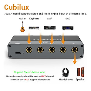 Cubilux AM-K4 6.35mm Audio Mixer [Ultra-Low Noise, HiFi AMP] 4-Channel Line-In 1/4” Mini AUX Mixer, Quarter Inch Small Stage Sub Mixer for Guitar Bass Keyboard Drum, Club Bar Studio