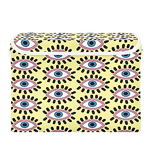 Vnurnrn Collapsible Storage Bins with Lids, Evil Eye Foldable Storage Boxes, Storage Box Cube with Lid for Clothes,Bedroom,Toys,16.5x12.6x11.8 Inch