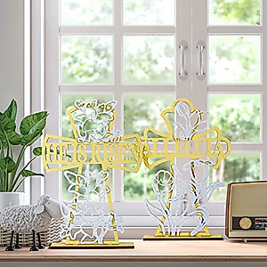 2 Pcs Easter Decorations Jesus Cross Sign Table Centerpieces Gold He Is Risen Cross Wood Tabletop 11in Alleluia Flower Christians Table Set Decor for Easter Tabletop Home Indoor Outdoor Spring Decor