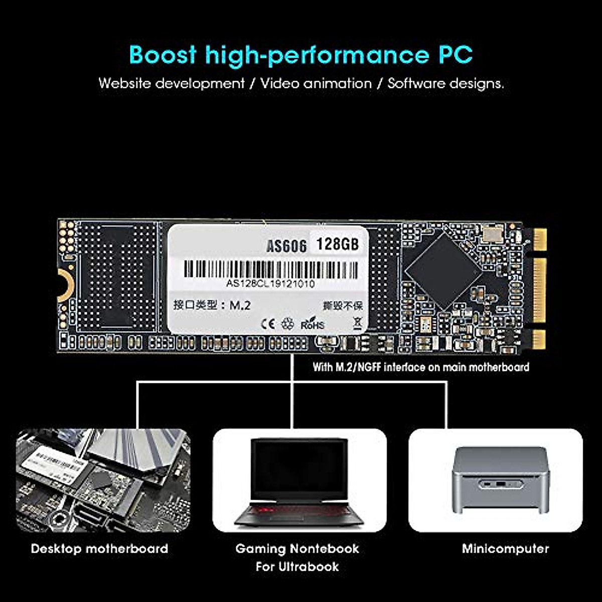 M.2/NGFF Solid State Drive, 2280 128GB SSD with 551MB/S Reading Speed and 212MB/S Writing Speed for Laptop Desktop Computer AS606
